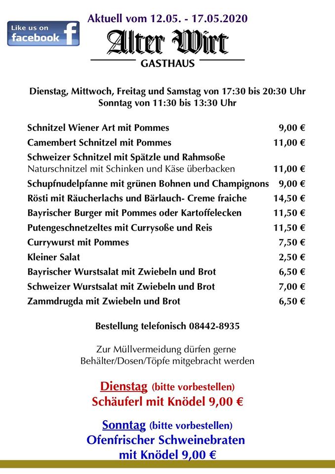 Alter Wirt Rohrbach - Ab sofort Essen zum Mitnehmen